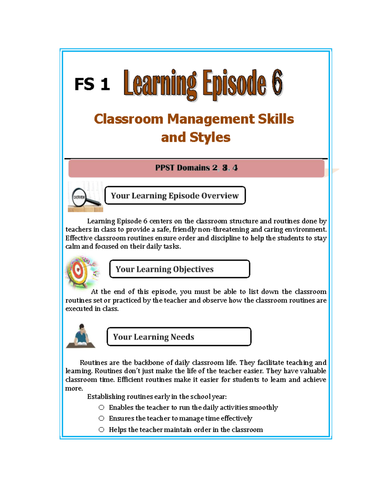FS1 Classroom Management Skills & Routines: Learning Episode 6 Insights ...