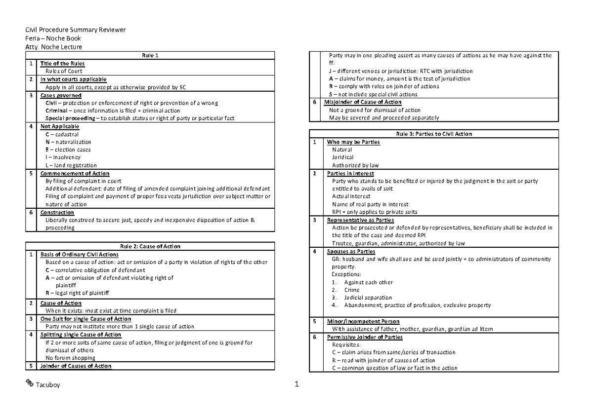 Civil Procedure Summary Midterm Reviewer (Atty. Noche) Lectures 1-12 ...
