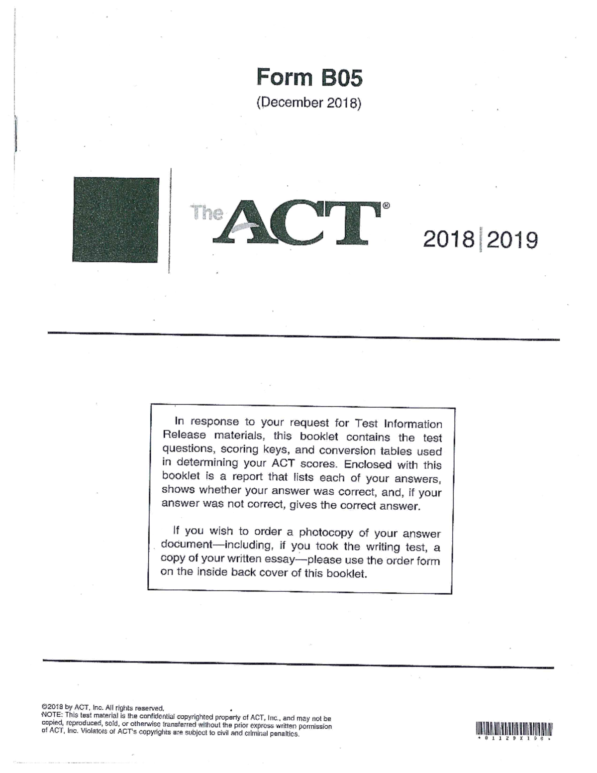 2018 Dec B05 - ACT Practice Study Materials & Tips - Studocu