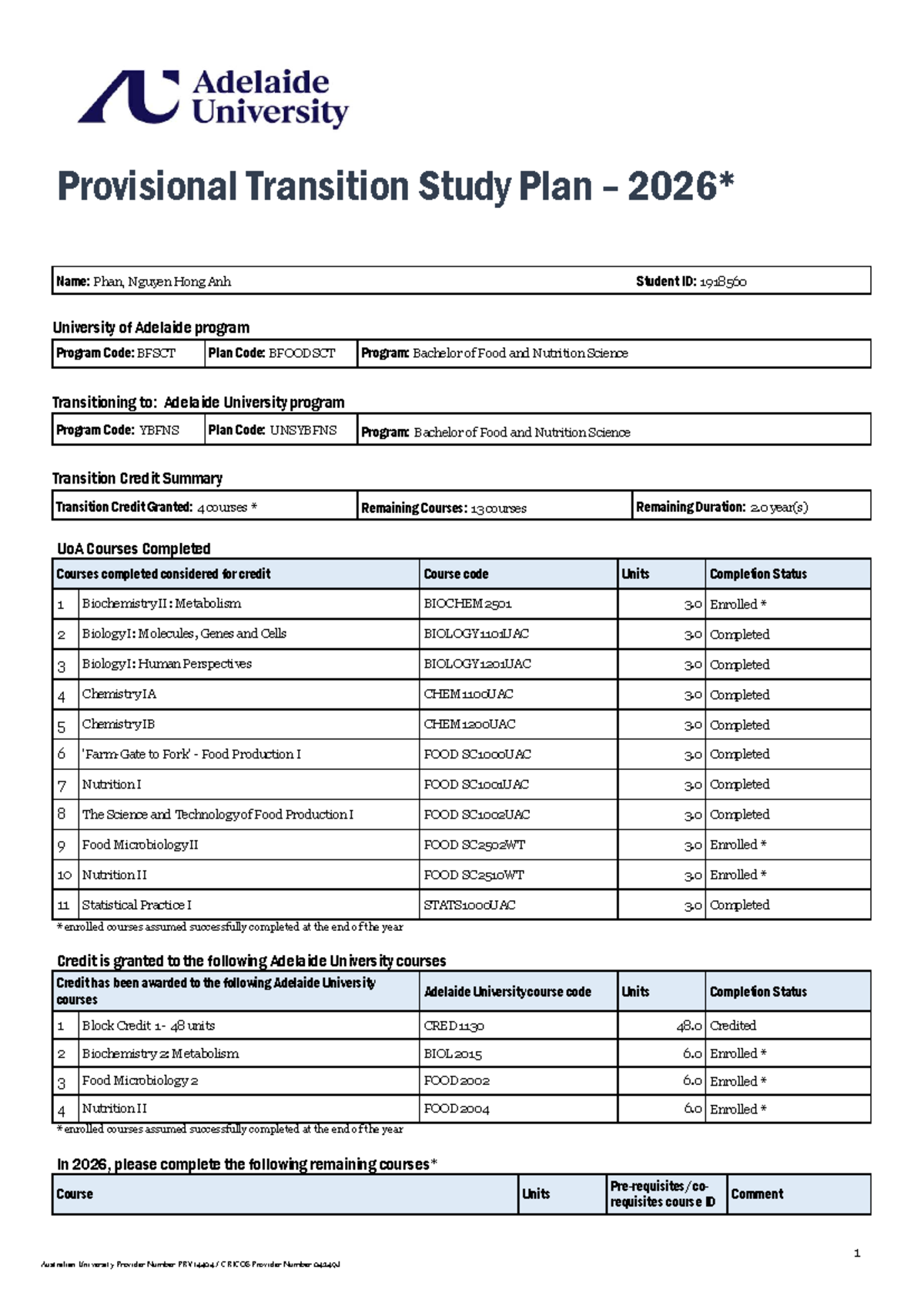 Provisional Transition Study Plan for BFSCT to YBFNS at Uni Adelaide ...
