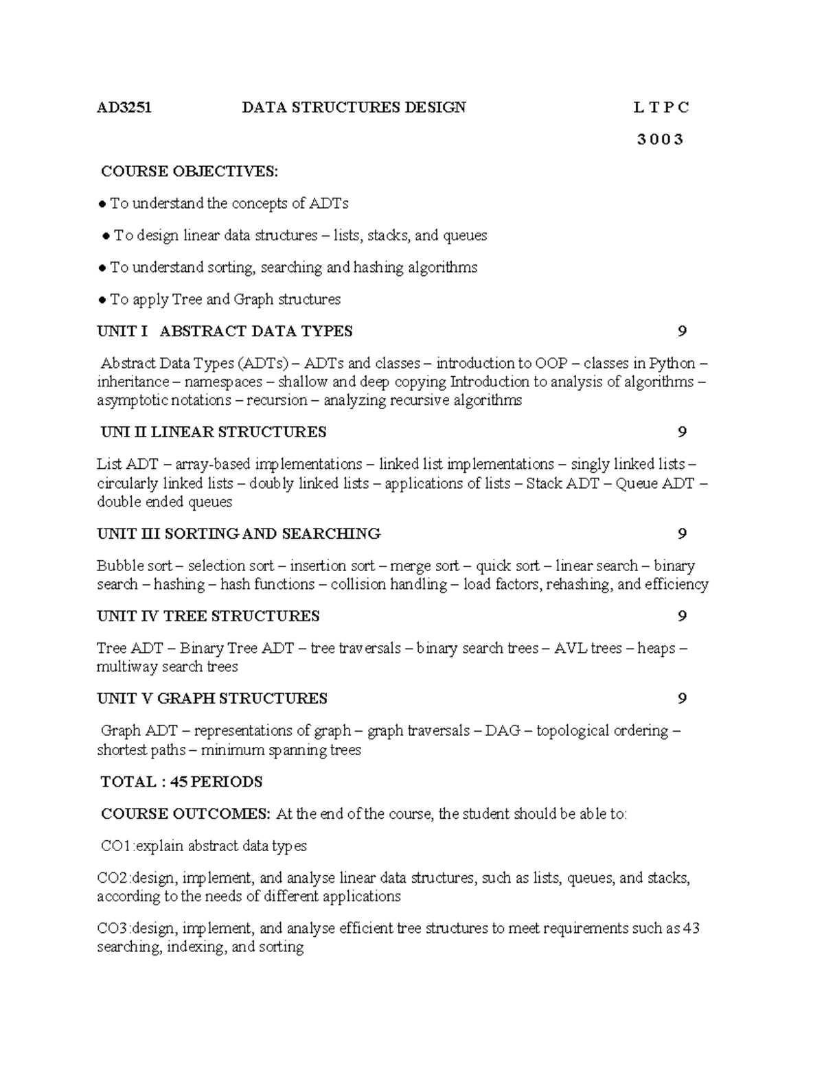 AD3251 DATA STRUCTURES DESIGN: Syllabus & Lab Exercises 1 & 2 - Studocu