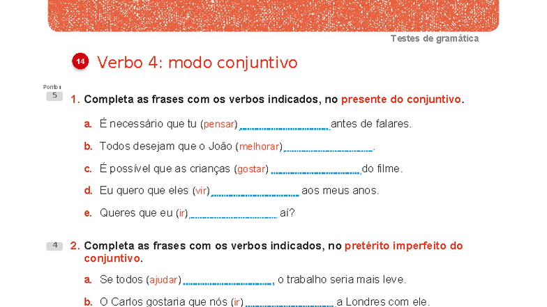 Testes de Gramática 14: Modo Conjuntivo - 6.º Ano - Studocu