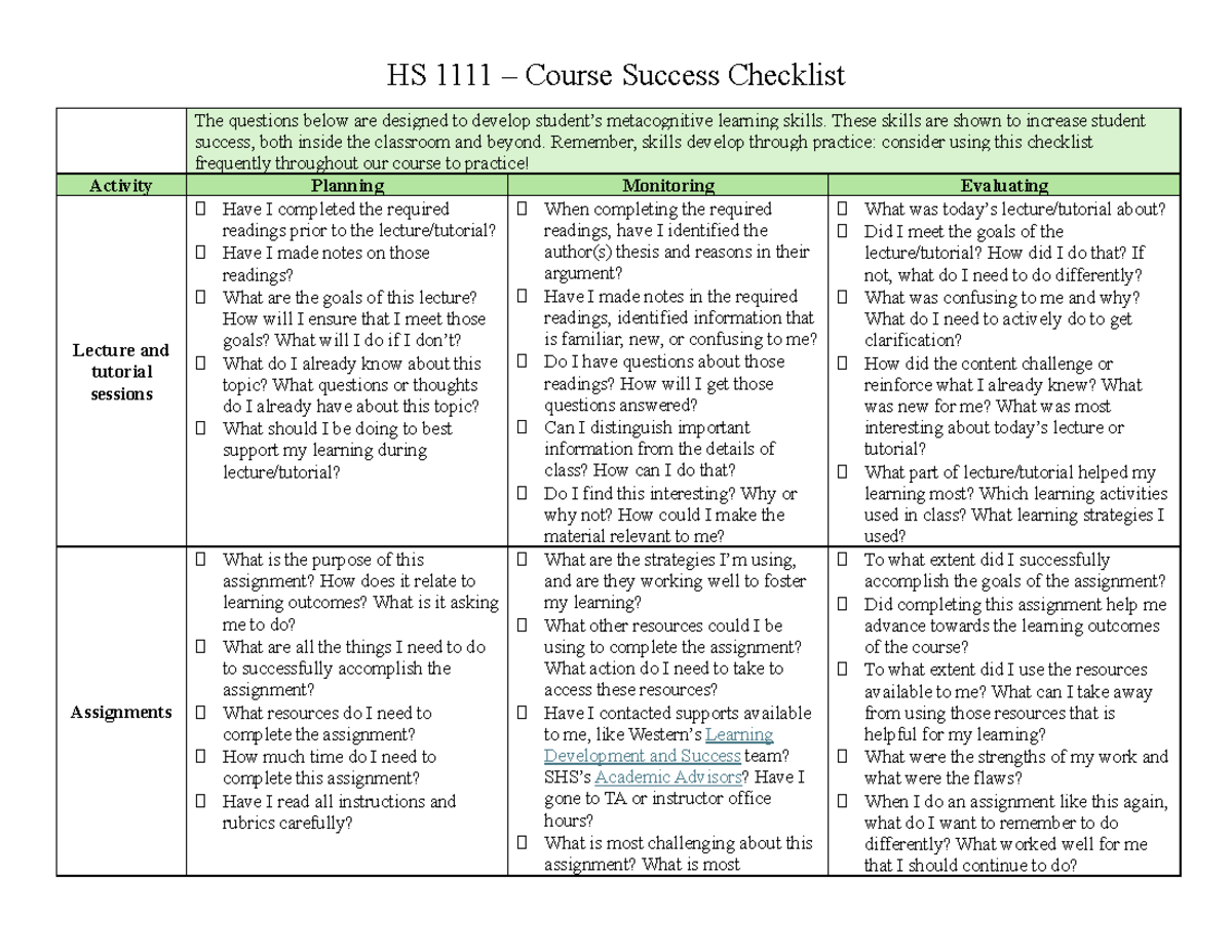 HS Course Success Checklist: Strategies for Academic Success - Studocu