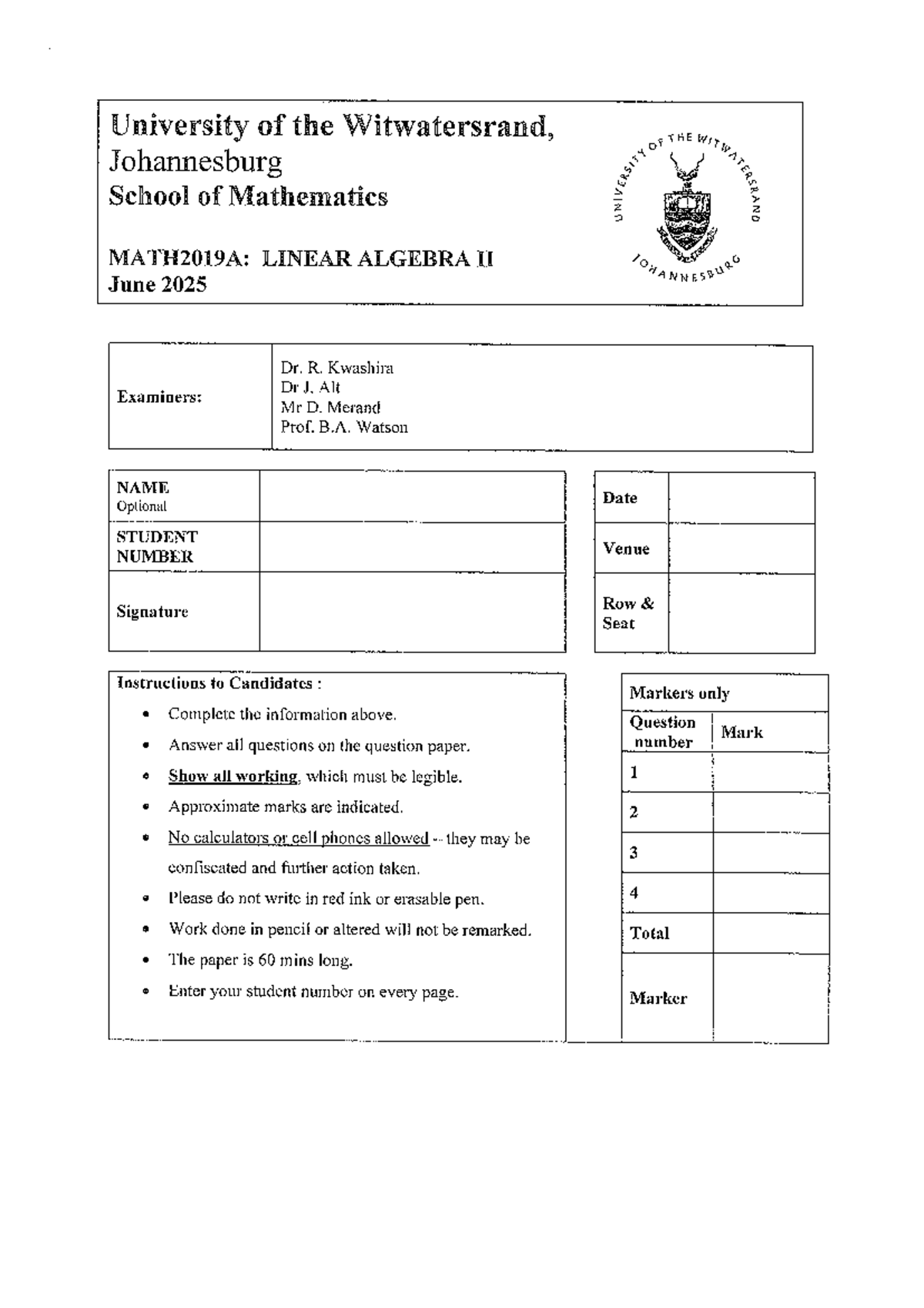 MATH2019A: Linear Algebra II June 2025 Exam Paper - Studocu