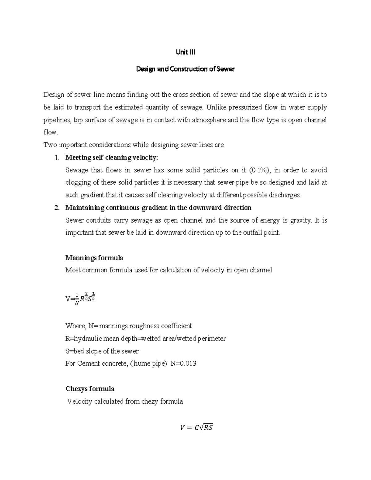 Sanitary Engineering Lecture Notes: Unit III - Sewer Design Principles ...