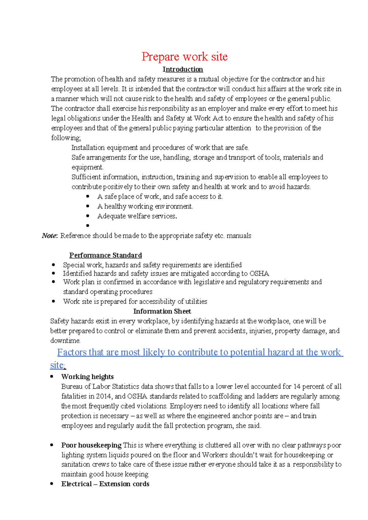 Prepare work site - lecture notes - Prepare work site Introduction The ...