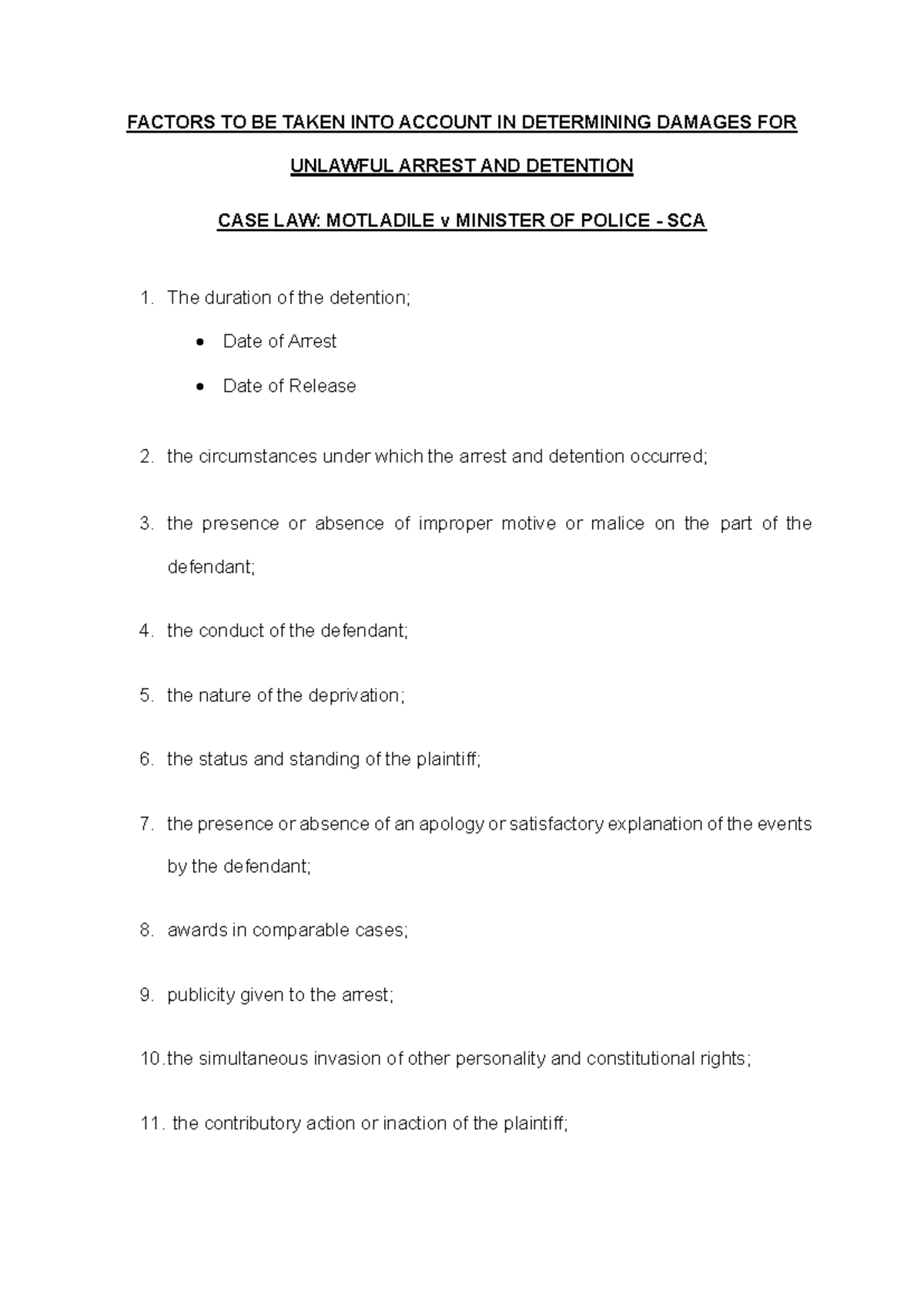 Factors Influencing Damages in Unlawful Arrest: Motladile v Minister of ...