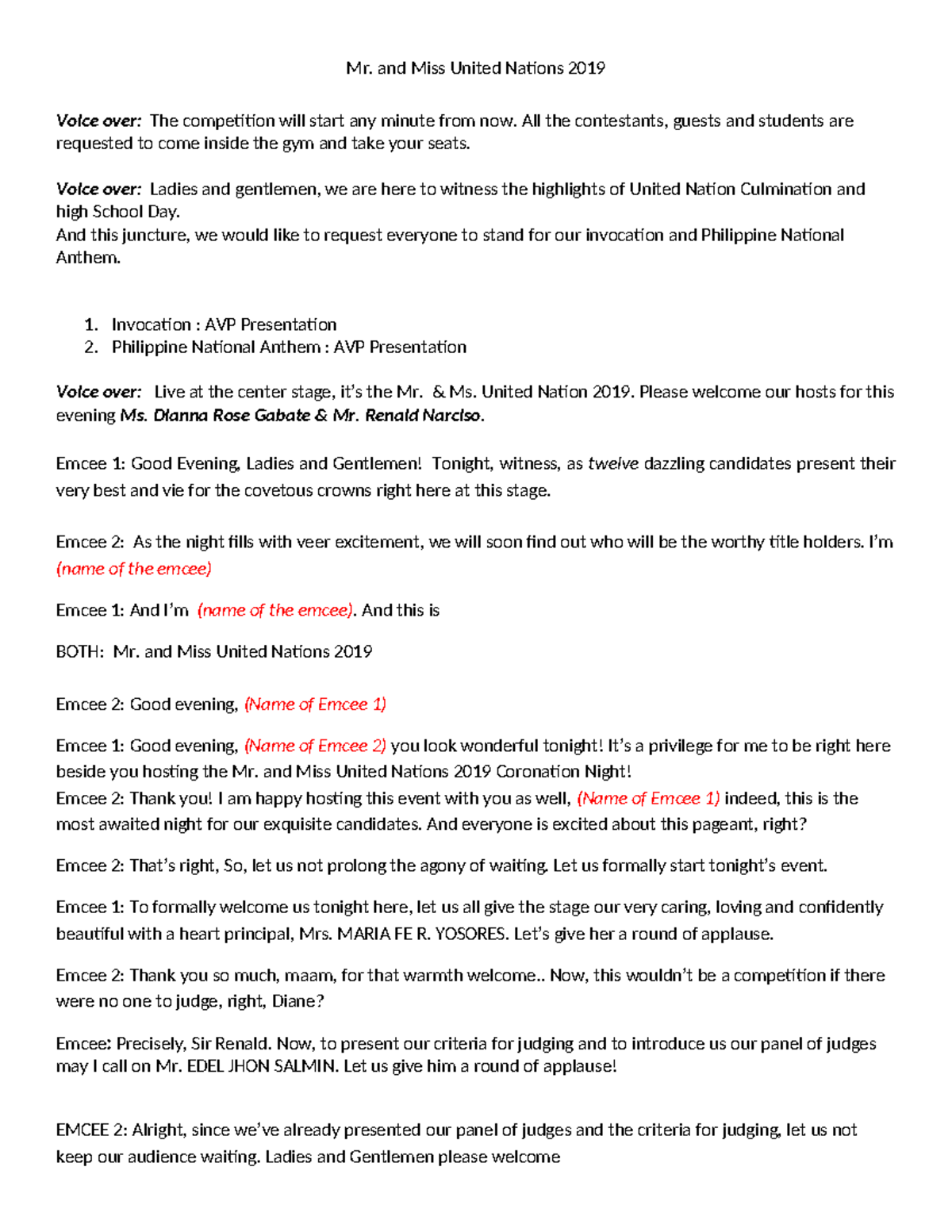 Emcee Script for Mr. and Miss QNHS 2014 Pageant Event - Studocu