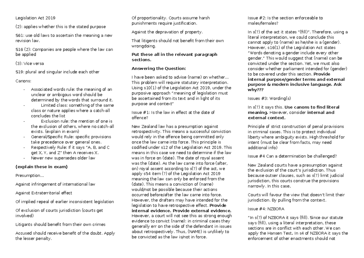 Cheatsheet for LAWS101 Final Exam: Legislation Act 2019 Insights - Studocu