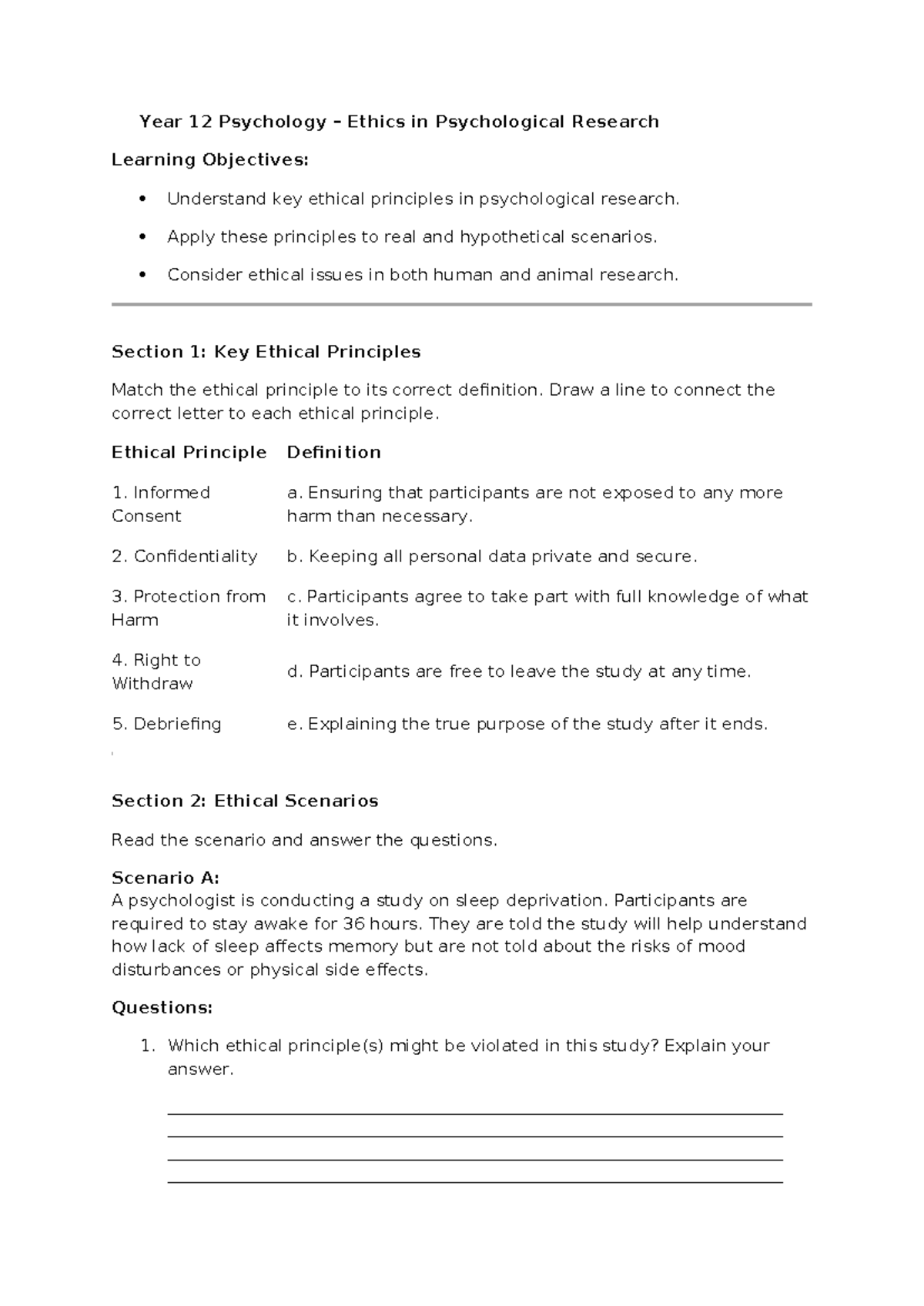 Year 12 Psychology Ethics Revision Worksheet: Key Principles ...