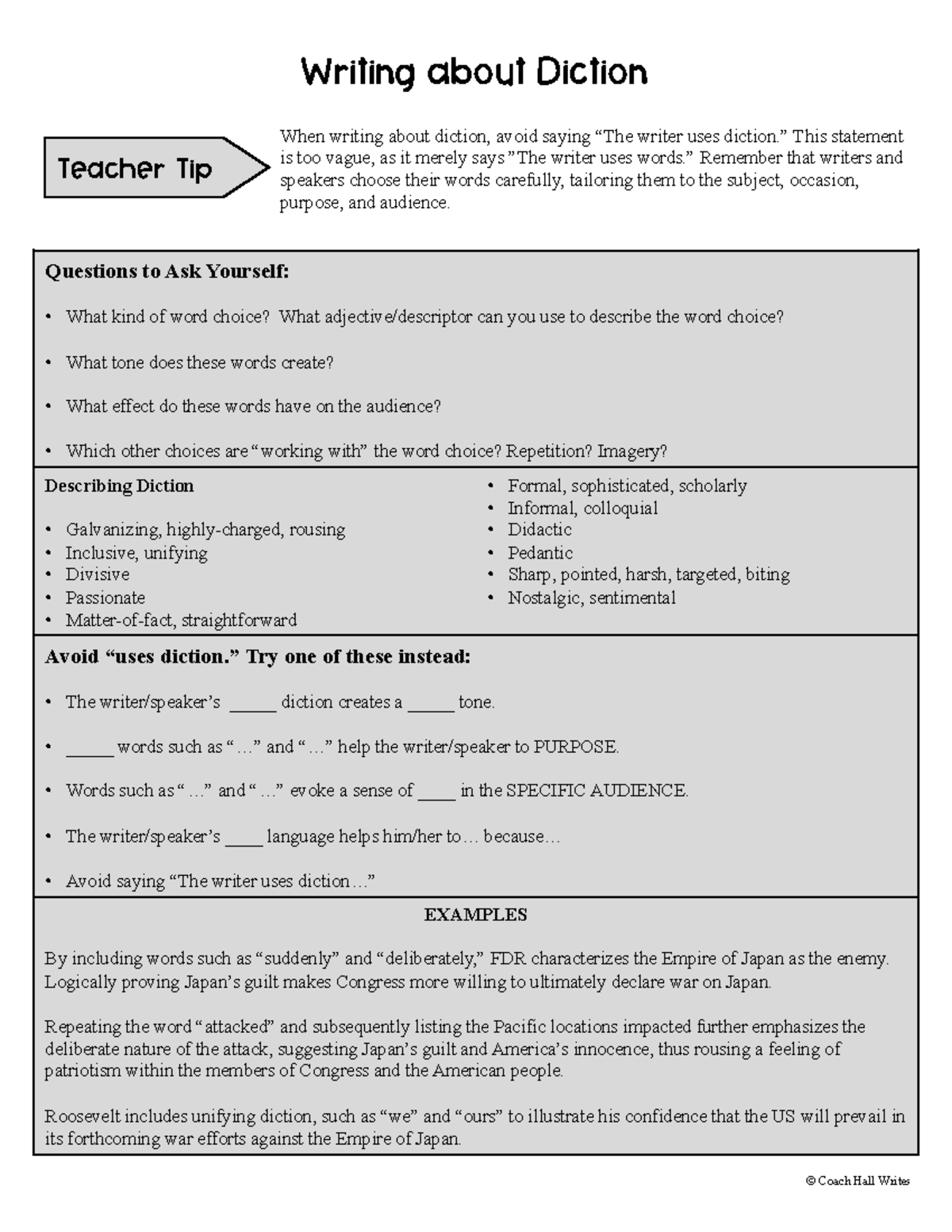 How To Write About Diction - Writing about Diction Teacher Tip When ...