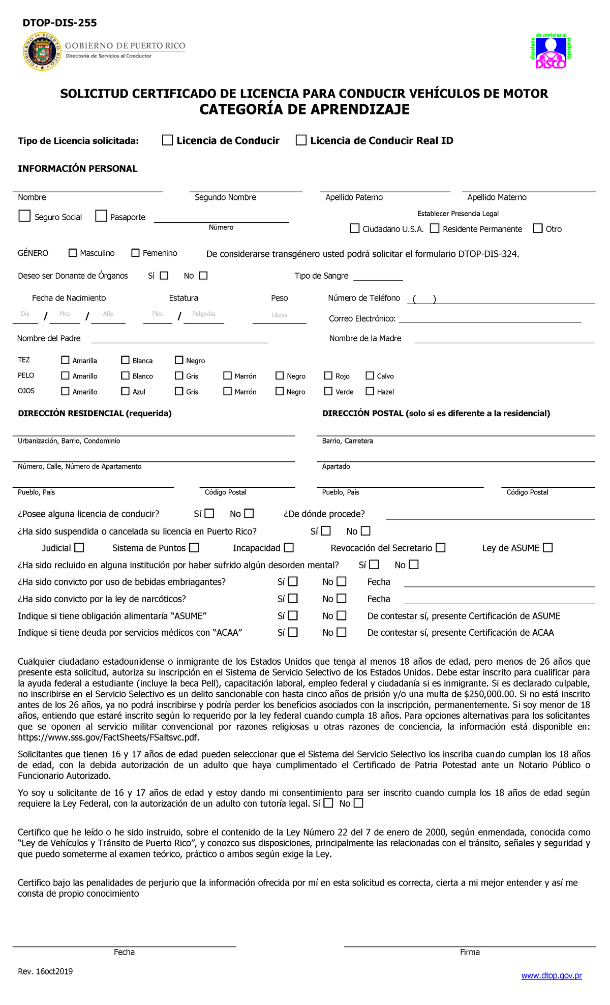 DTOP-DIS-255 Solicitud de Certificado de Licencia de Conducir Cat. DE ...