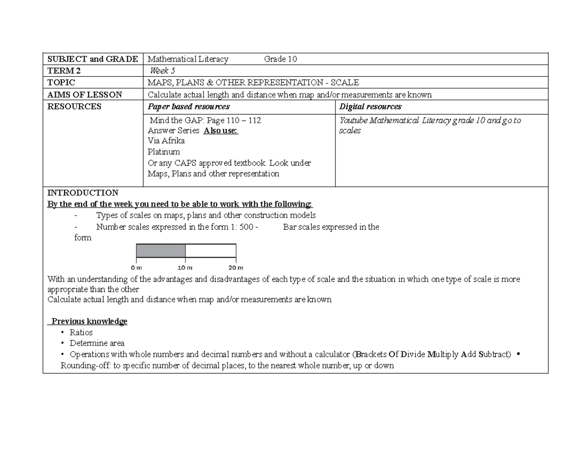 GR 10 T2 WK 5 - Lesson Plan on Scales in Mathematical Literacy - Studocu