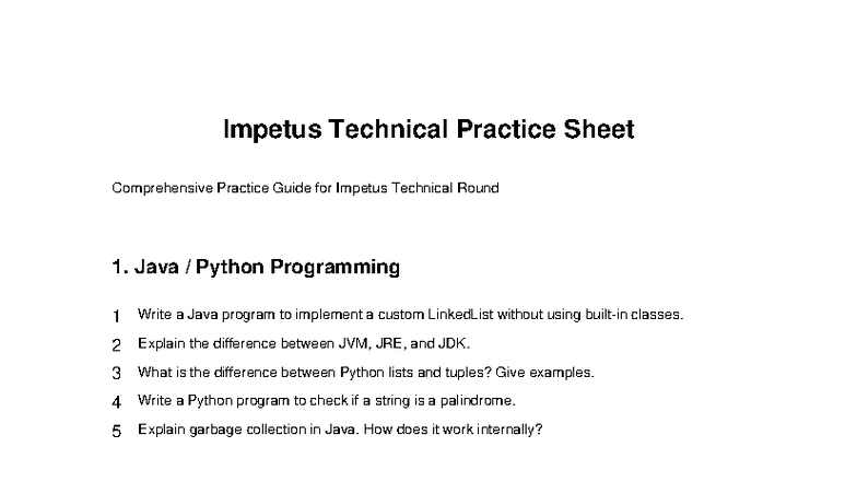 Impetus Technical Round 1 Practice Guide: Java & Python Programming - Studocu