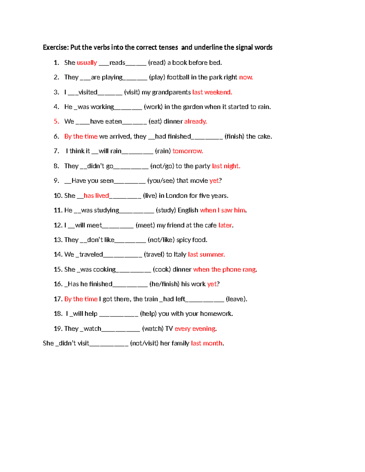 Test 1 - Practice Exercise: Verb Tenses and Signal Words - Studocu
