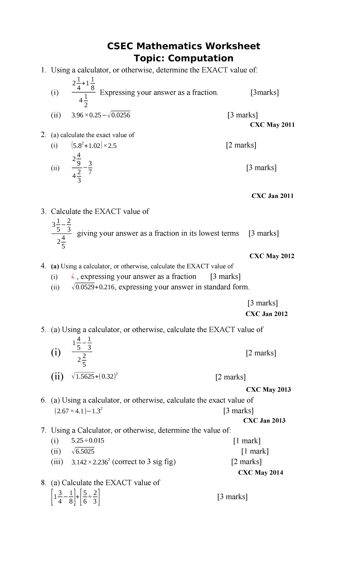 CSEC Mathematics Worksheet: Exact Value Computation Exercises - Studocu