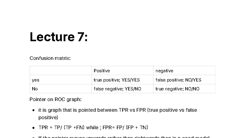 Lecture 7: ROC Graph & Confusion Matrix Insights - Studocu