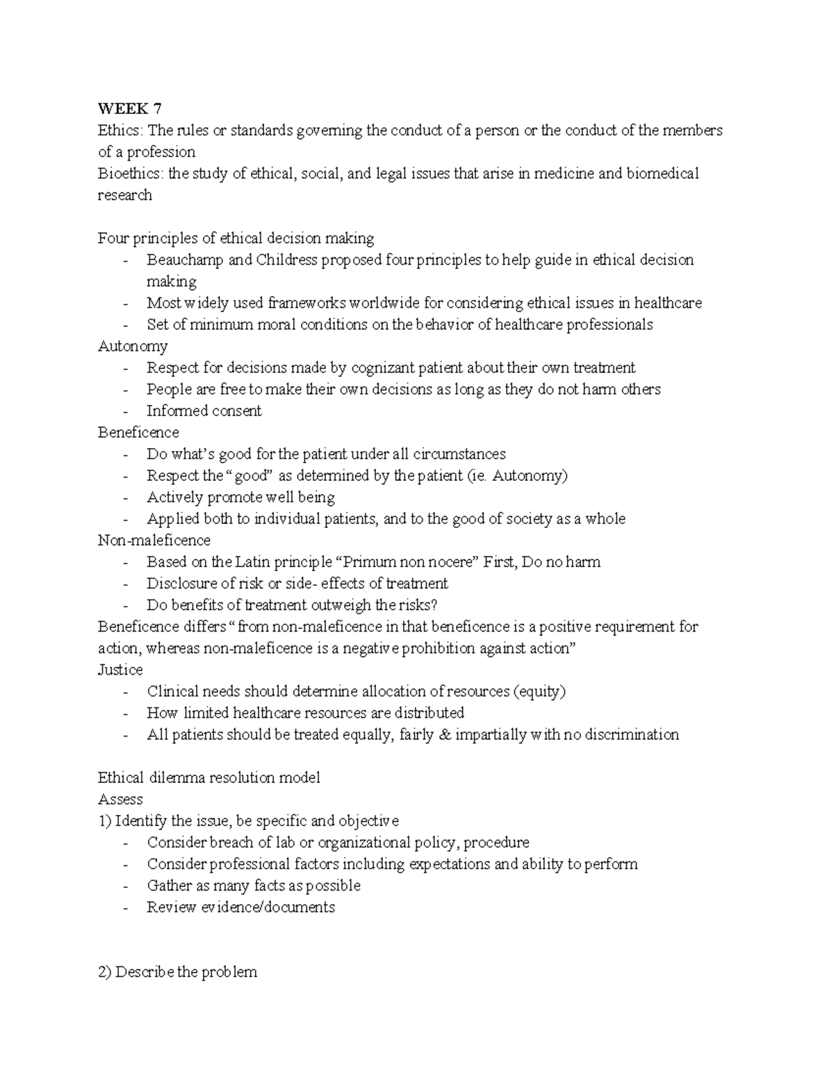 Week 7 - Ethics in Bioethics: Principles & Decision-Making - Studocu