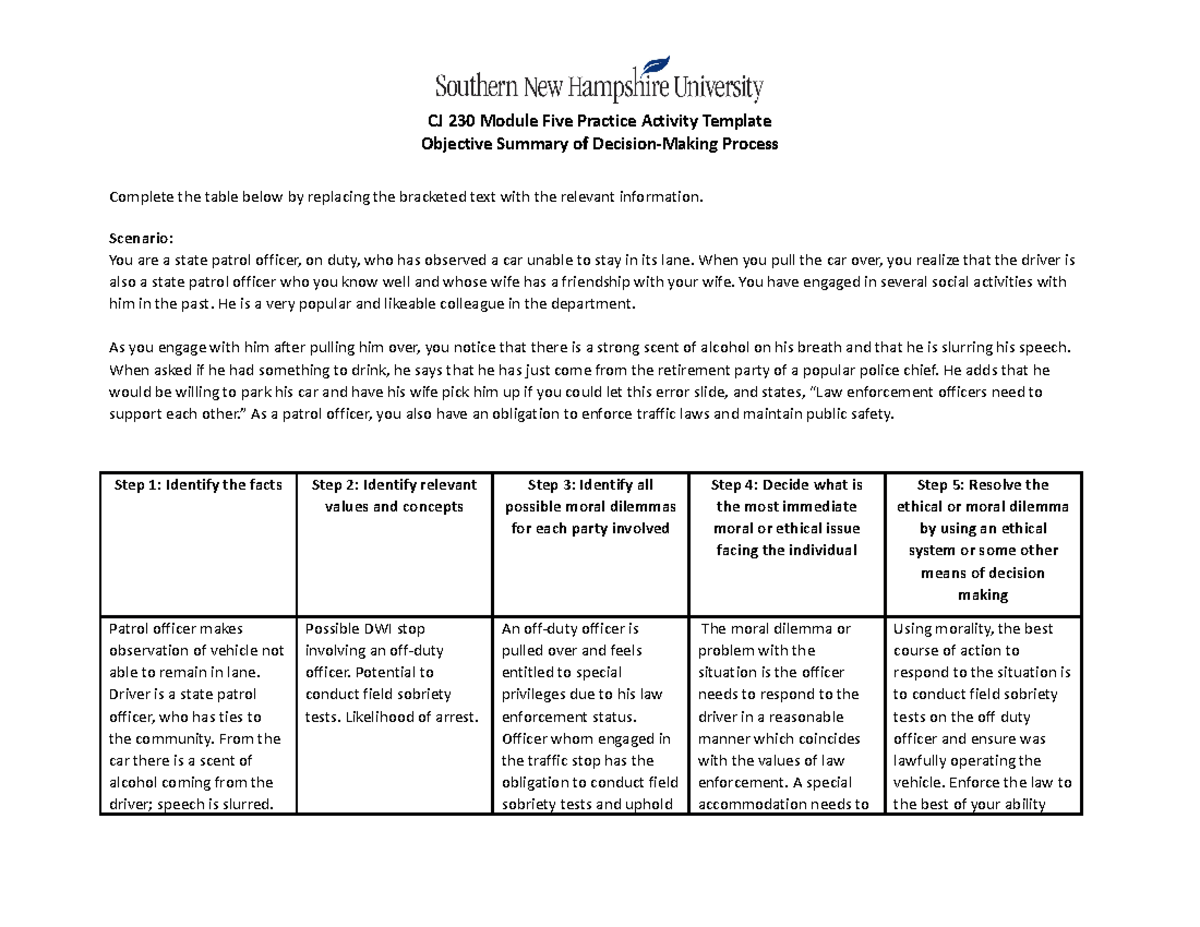 CJ 230 Module 5 Practice Activity: Ethical Decision-Making in Traffic ...