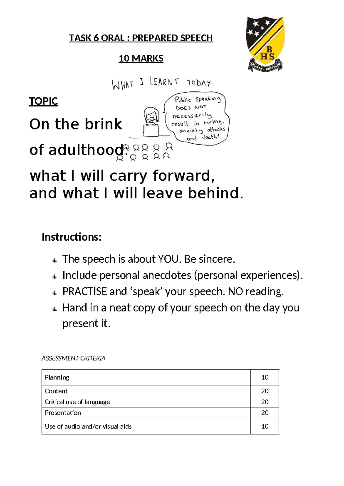 TASK 6 ORAL: PREPARED SPEECH ON Adulthood Transition - Studocu