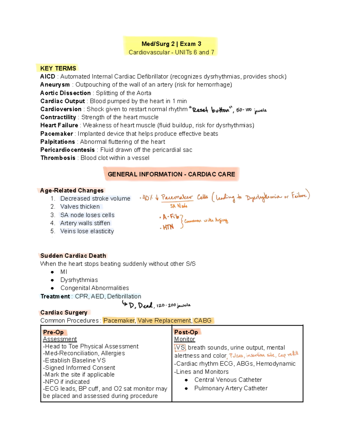 Cardiac Care Key Terms and Concepts for Exam 2 (NURS 202) - Studocu