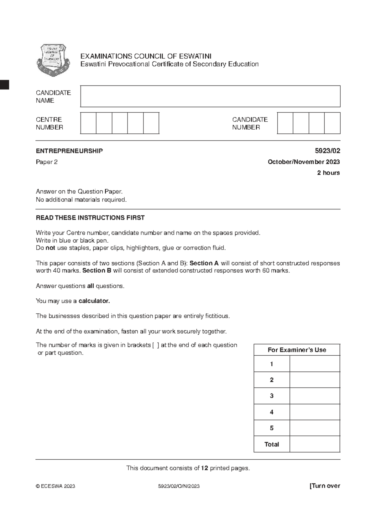 Epcse Entrepreneurship 2023 Question Paper 2 - For Examiner’s Use 1 2 3 ...