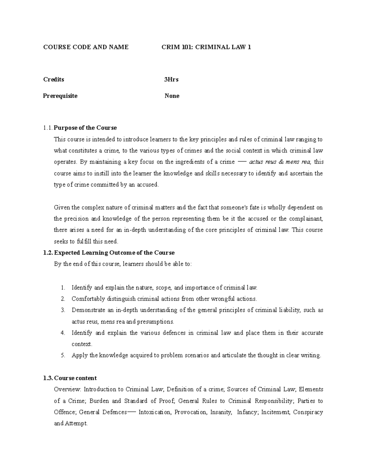 CRIM 101: Criminal Law 1 - Comprehensive Course Outline and Key ...