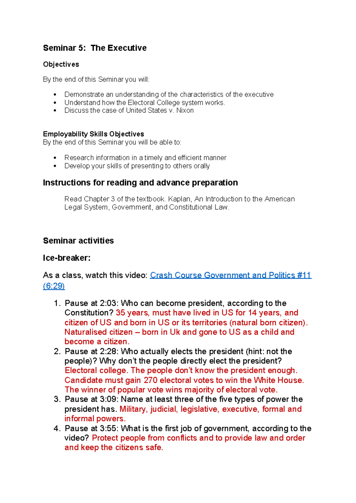 US LS - S5 - Seminar on Executive Objectives and Electoral College ...