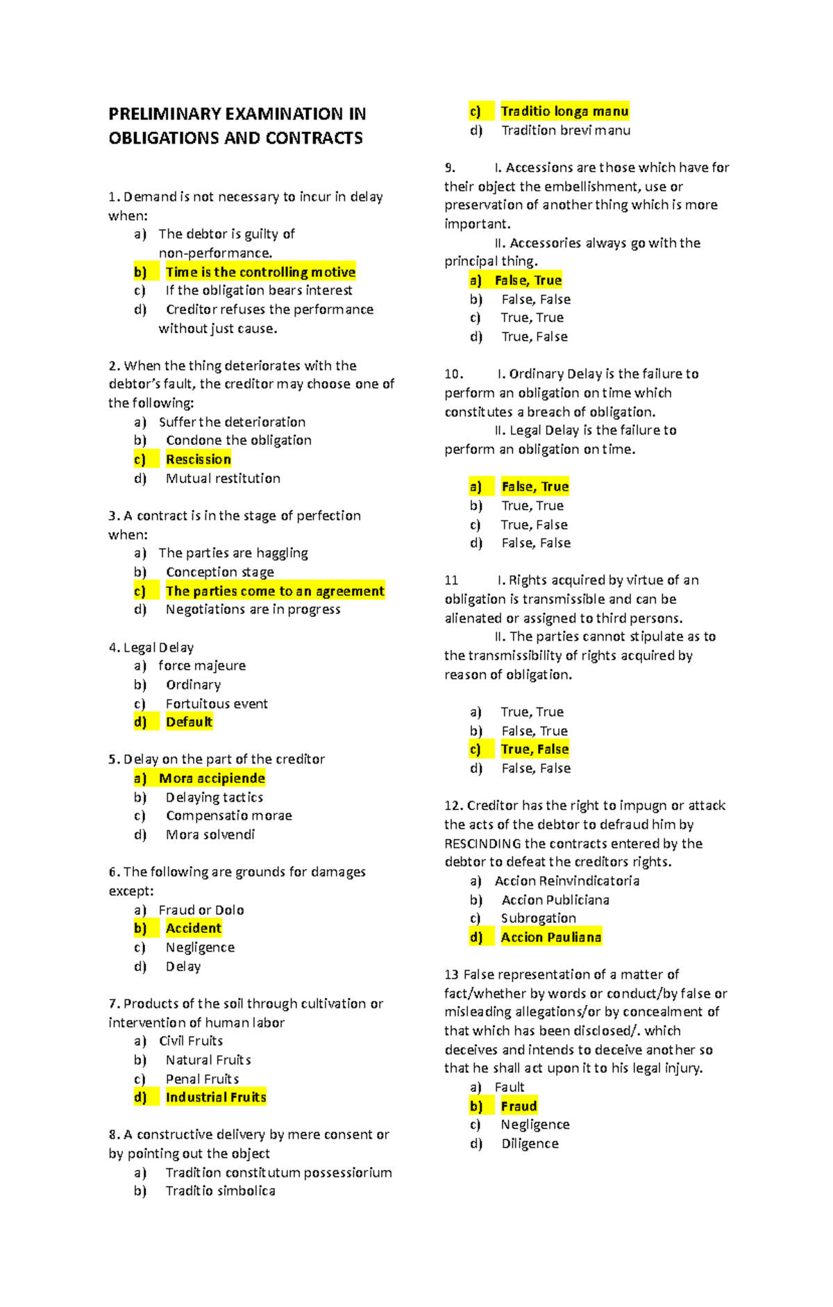 PRELIMINARY EXAMINATION ANSWER KEYS IN OBLIGATIONS AND CONTRACTS 1 ...