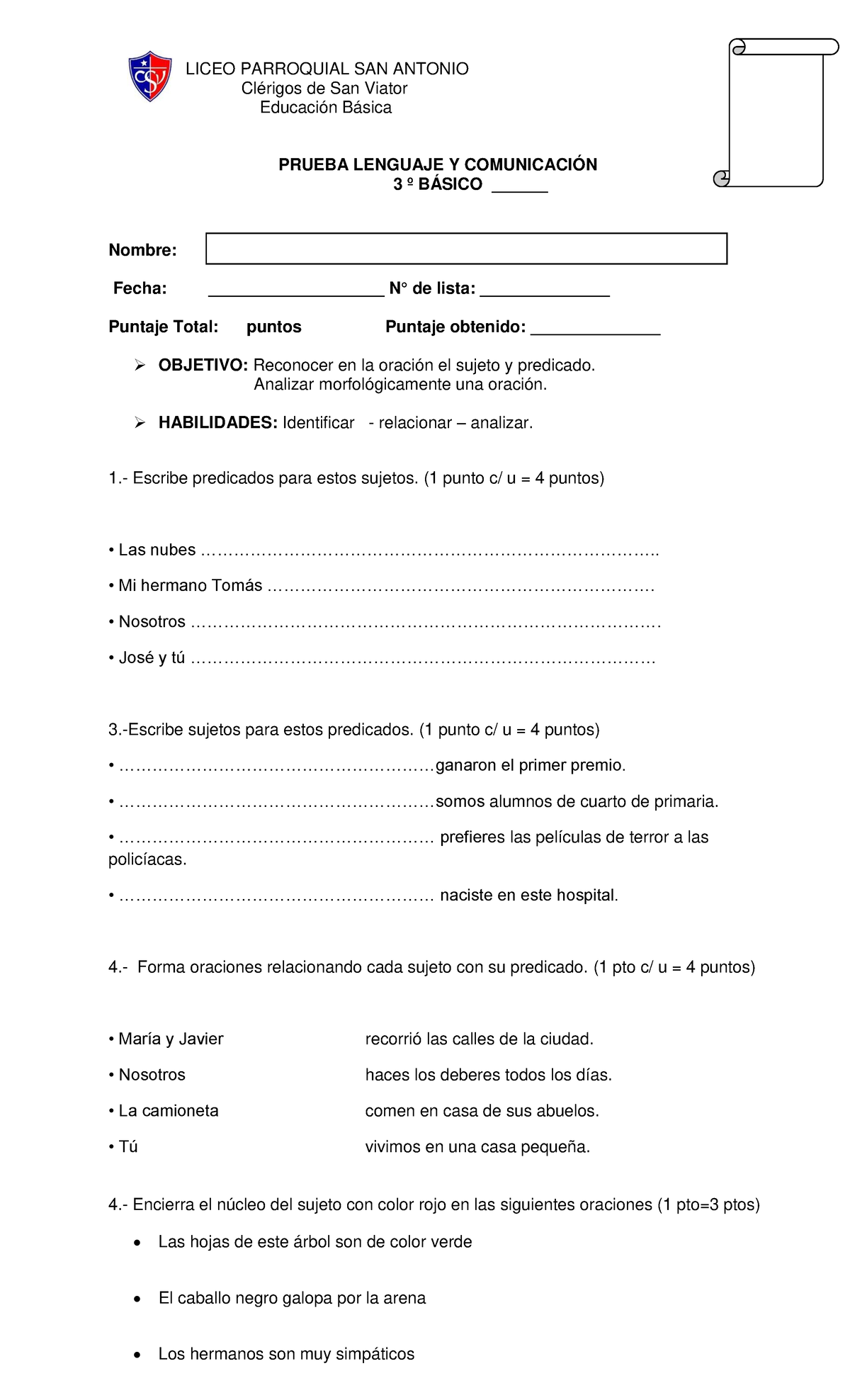 Sujeto Y Predicado 3RO Basico - LICEO PARROQUIAL SAN ANTONIO Clérigos ...