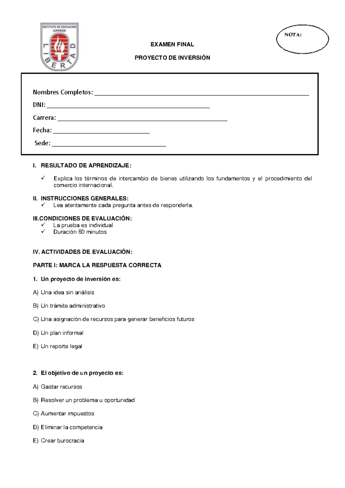Examen Final: Proyecto de Inversión - Evaluación y Resultados - Studocu