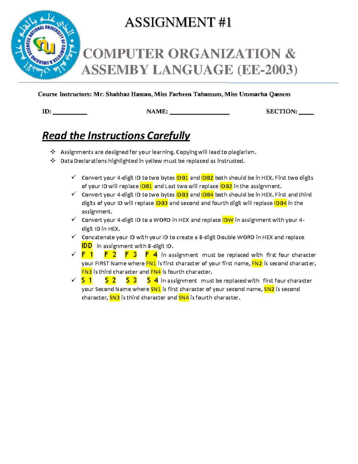 Assignment 1 COAL - COMPUTER ORGANIZATION & ASSEMBY LANGUAGE (EE-2003 ...
