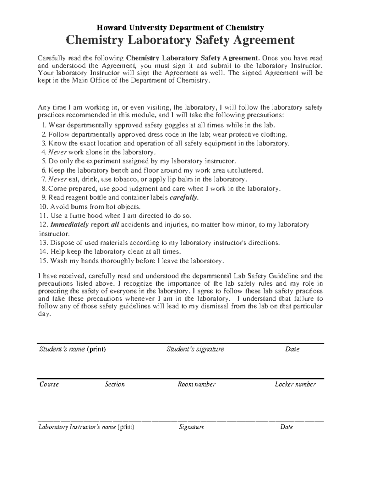 Chemistry Lab Safety Agreement - Howard University Chem Dept - Studocu