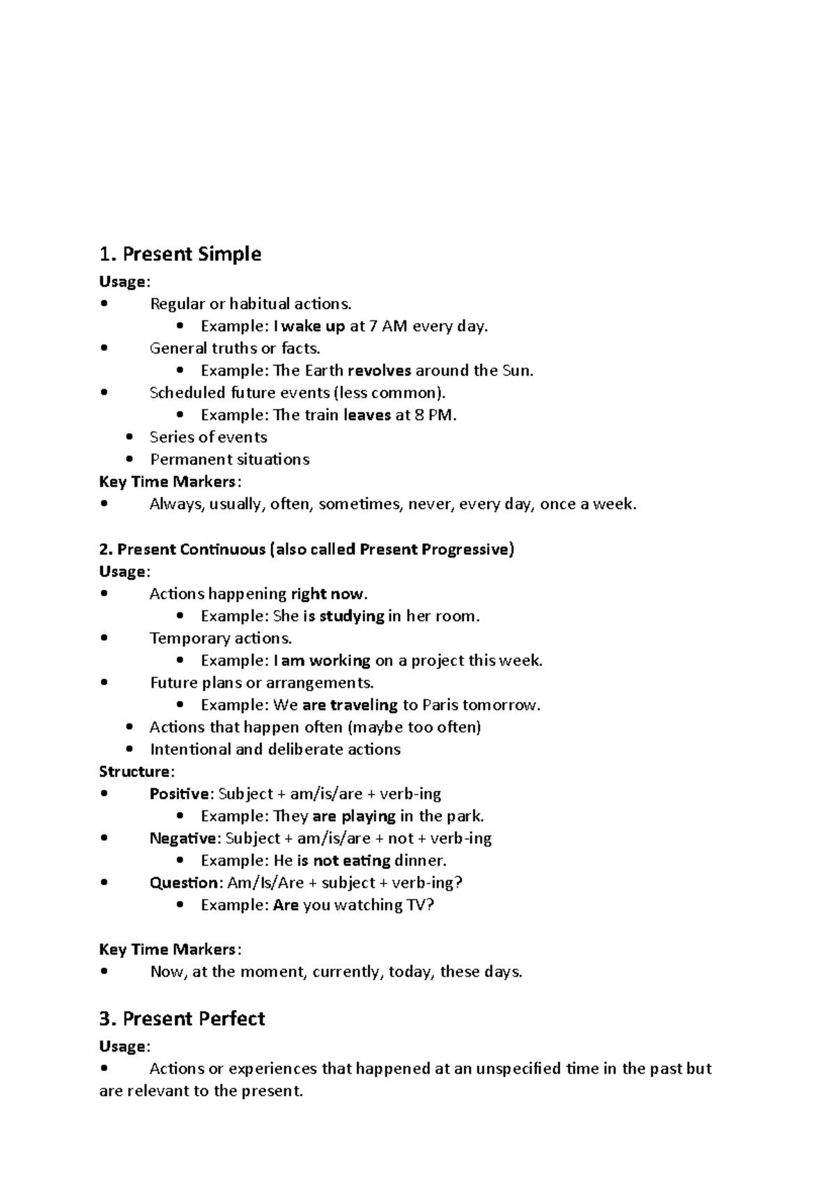 CLC Overview: Present Tenses Usage and Key Time Markers - Studocu