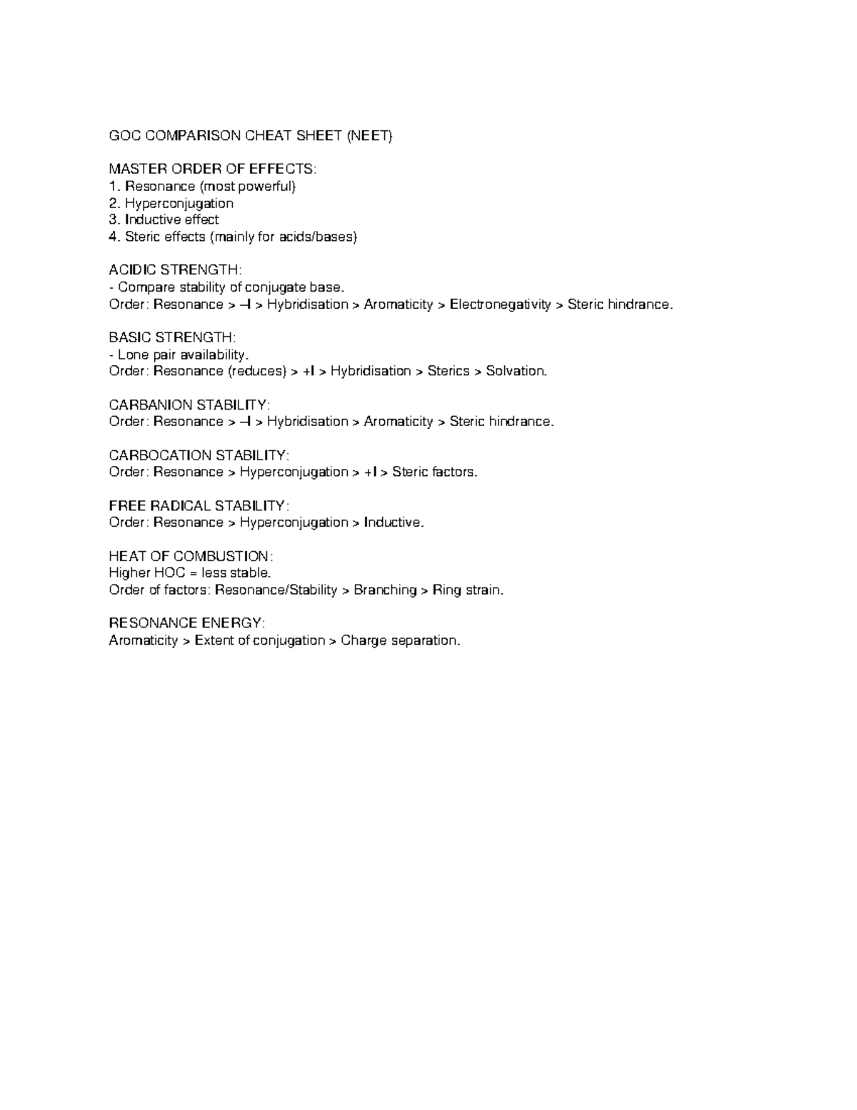 GOC Comparison Cheat Sheet - GOC COMPARISON CHEAT SHEET (NEET) MASTER ...