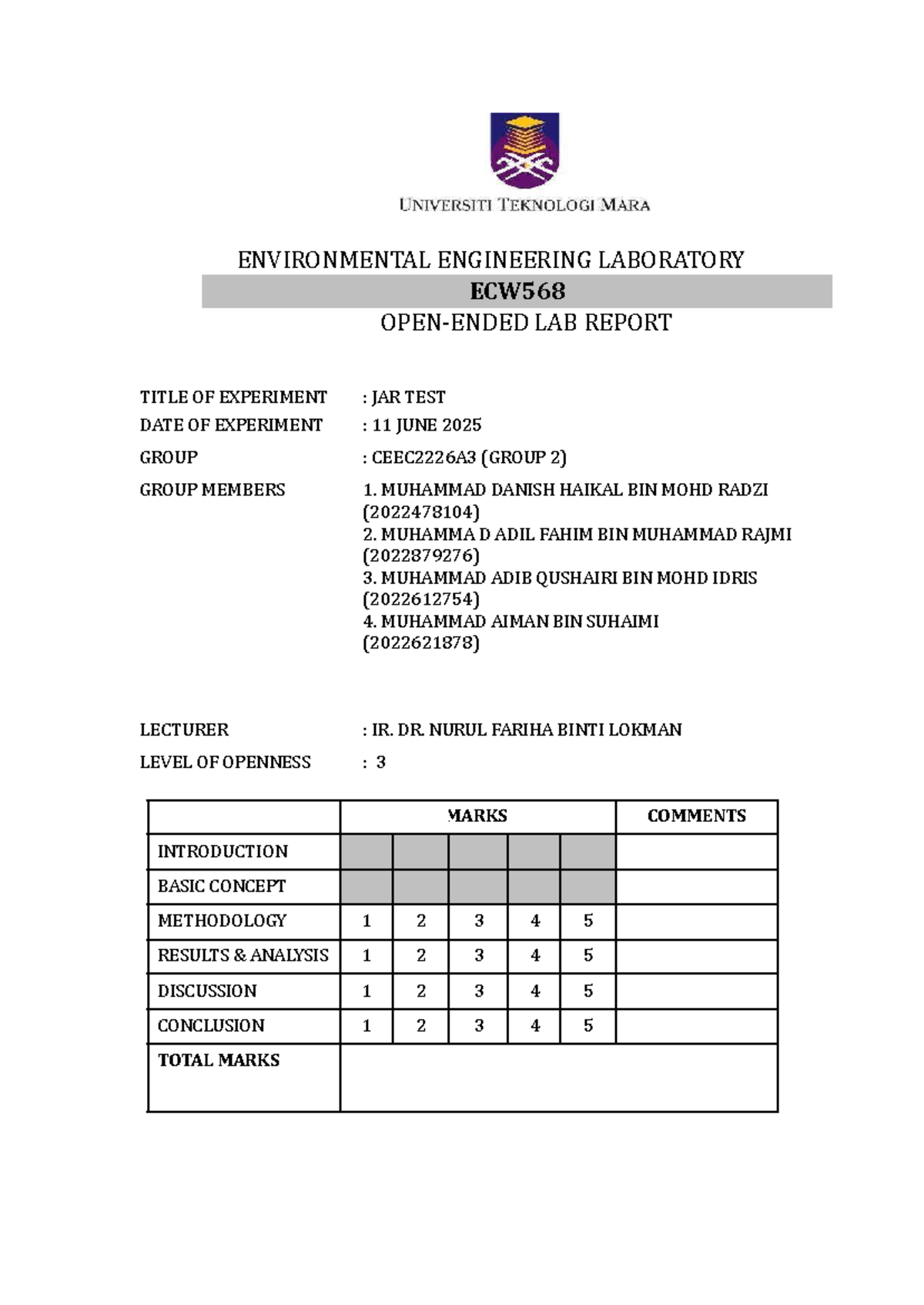 ECW568 Environmental Engineering Lab Report: Jar Test Analysis - Studocu