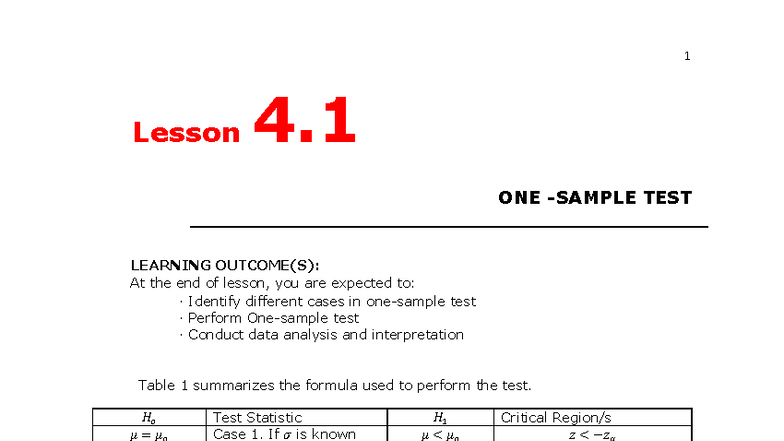 Lesson 4 1 One Sample Test Hypothesis Testing And Analysis Studocu