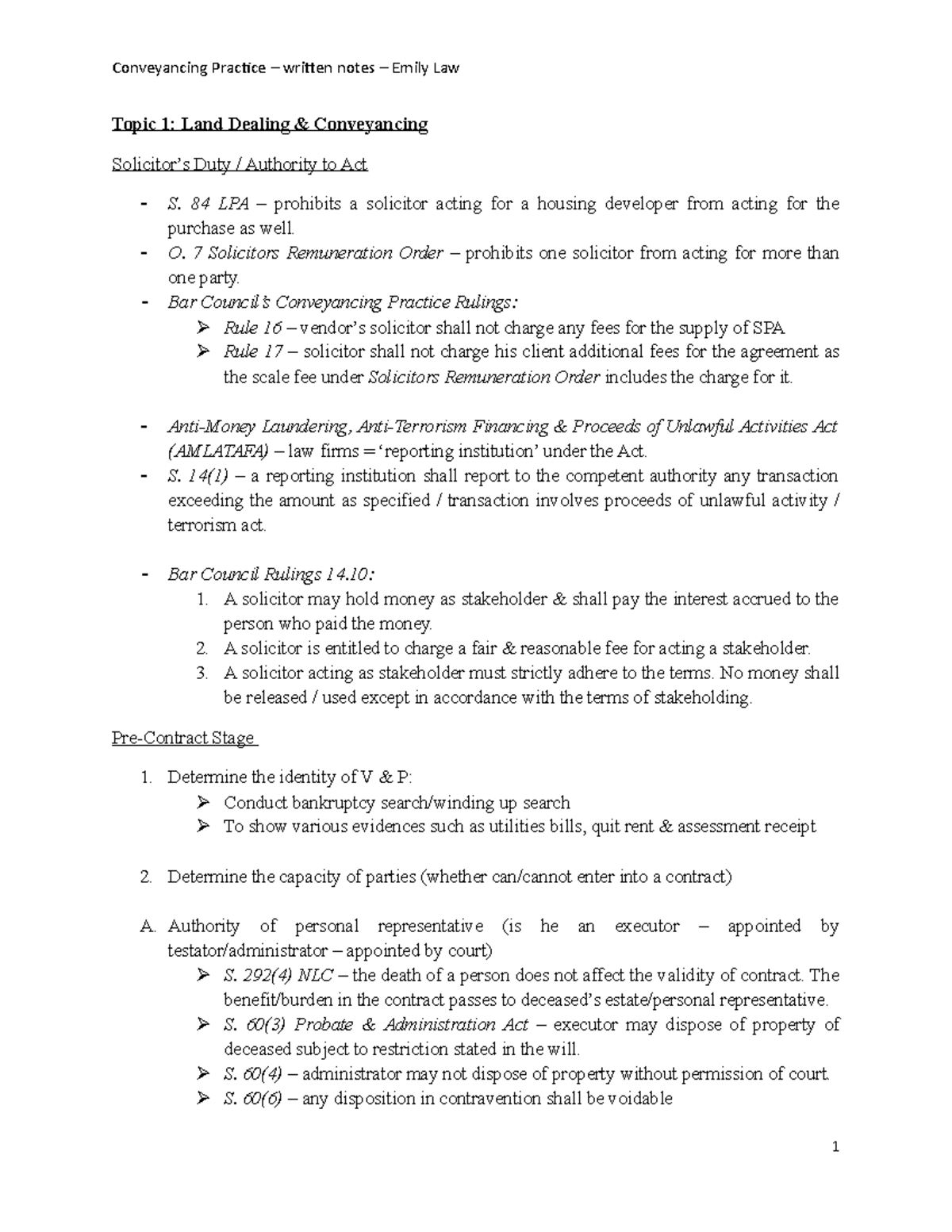 Land Dealing & Conveyancing Notes: Key Legal Principles and Rulings ...