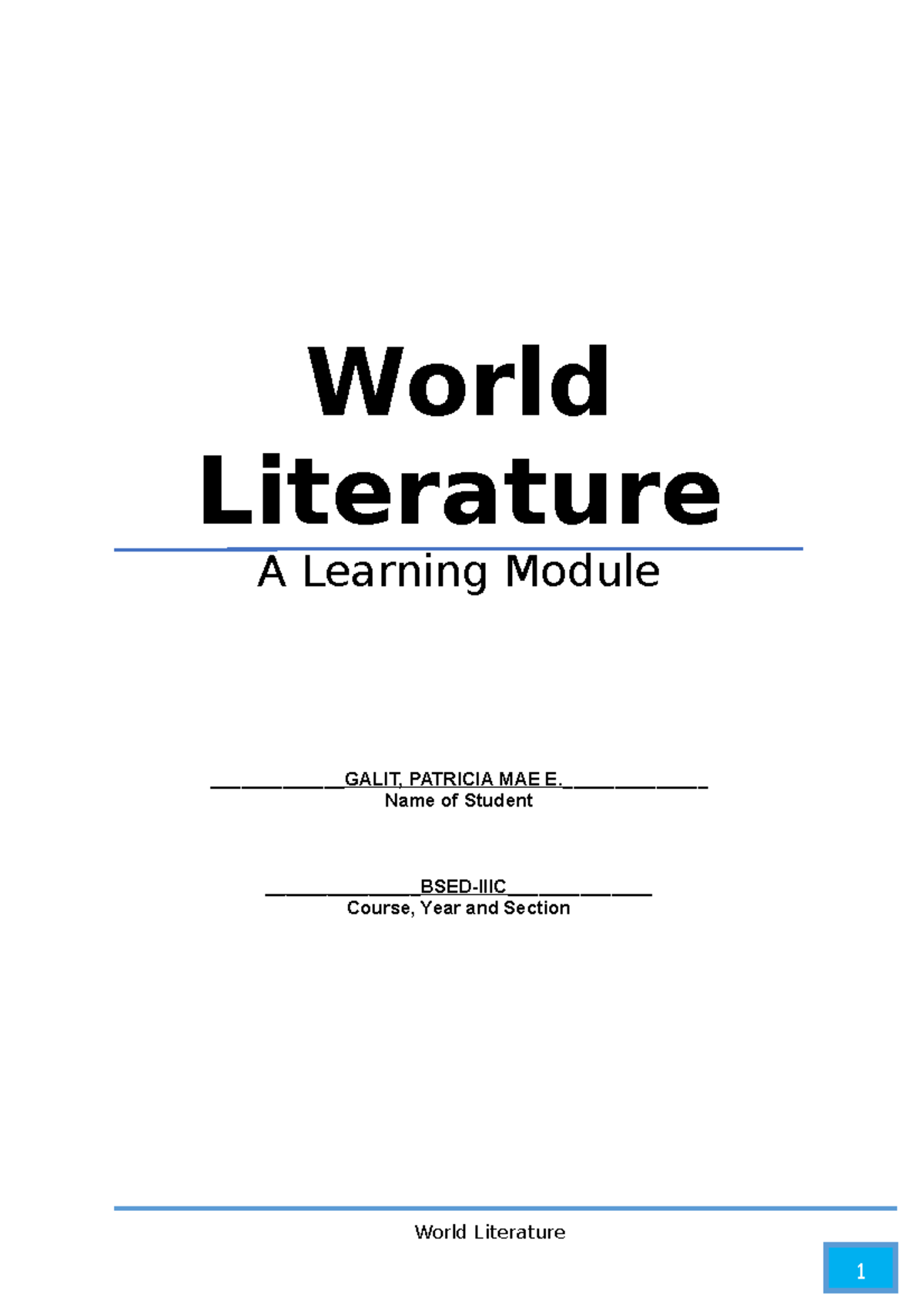 BSED-IIIC World Literature Learning Module: 2nd Sem Overview - Studocu
