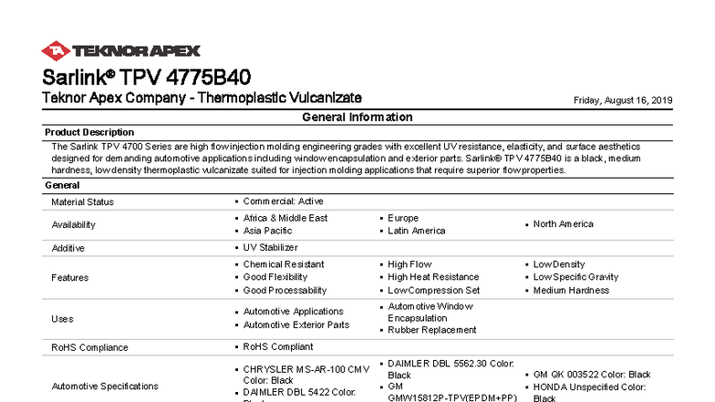 TPV 4775B40 Data Sheet: Teknor Apex Thermoplastic Vulcanizate - Studocu