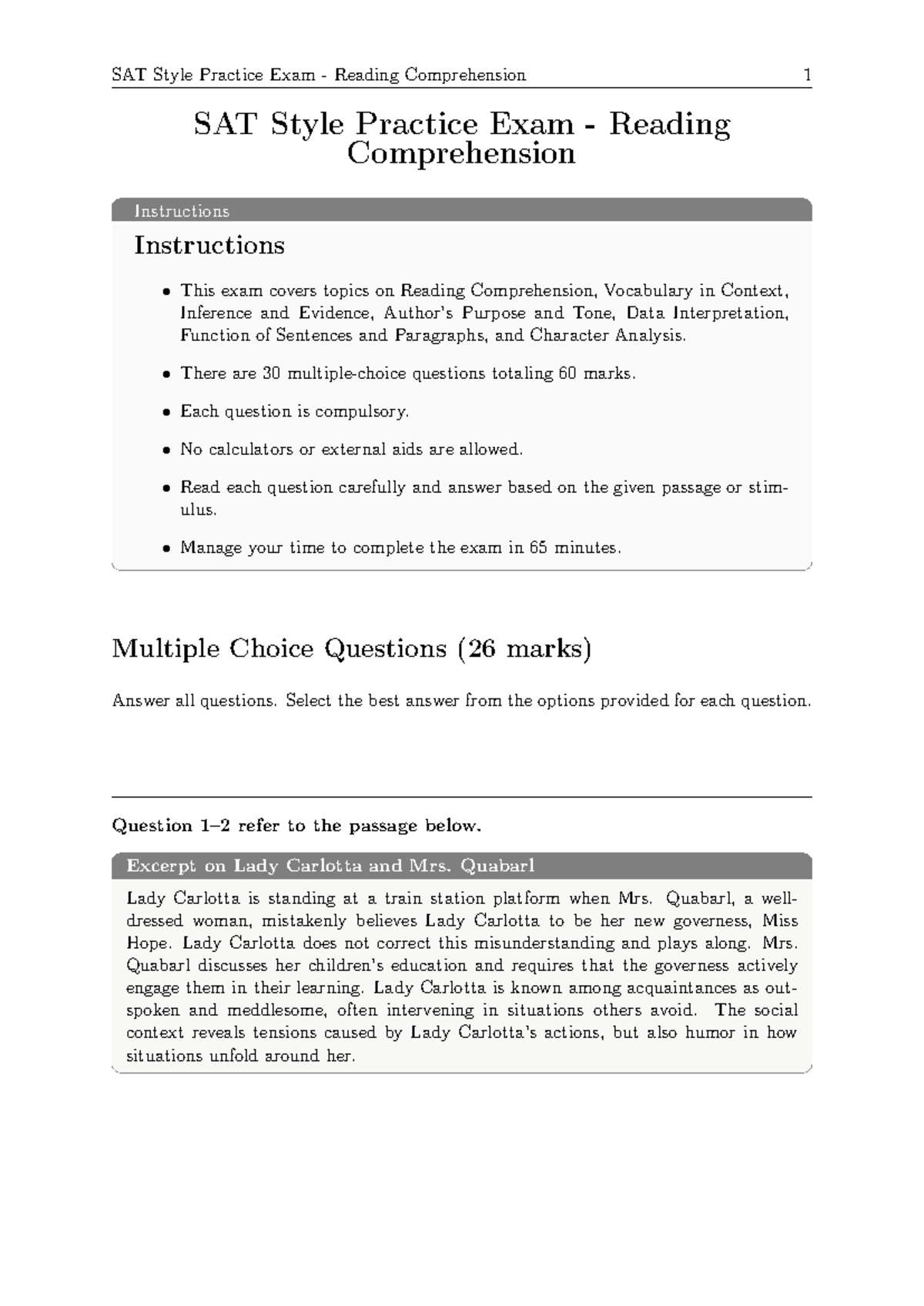 Sat practice test 3 answers - SAT Style Practice Exam - Reading ...