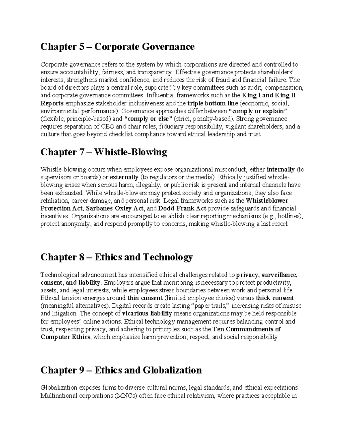 Final Exam Summary: Corporate Governance & Ethics (Course Code) - Studocu