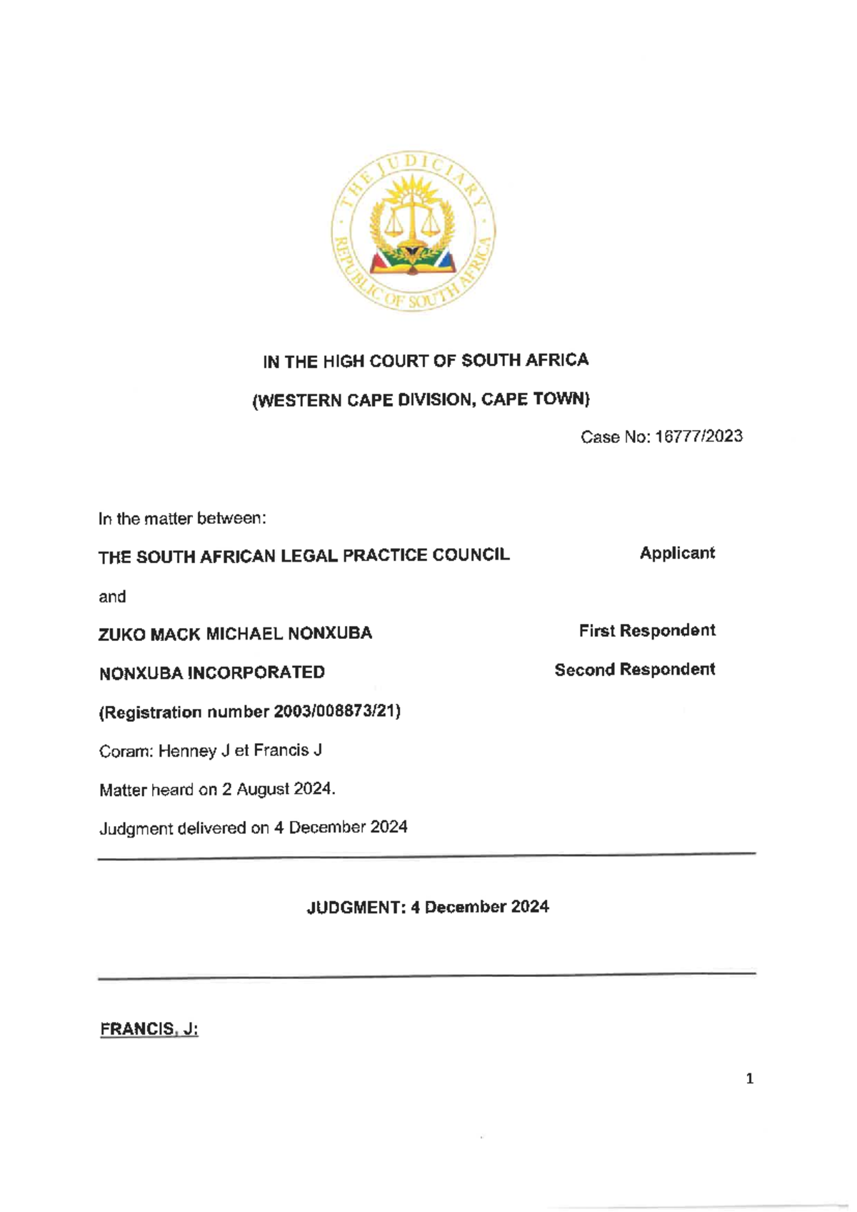 ZUKO Nonxuba Judgment THE South African Legal Practice Council Nonxuba ...