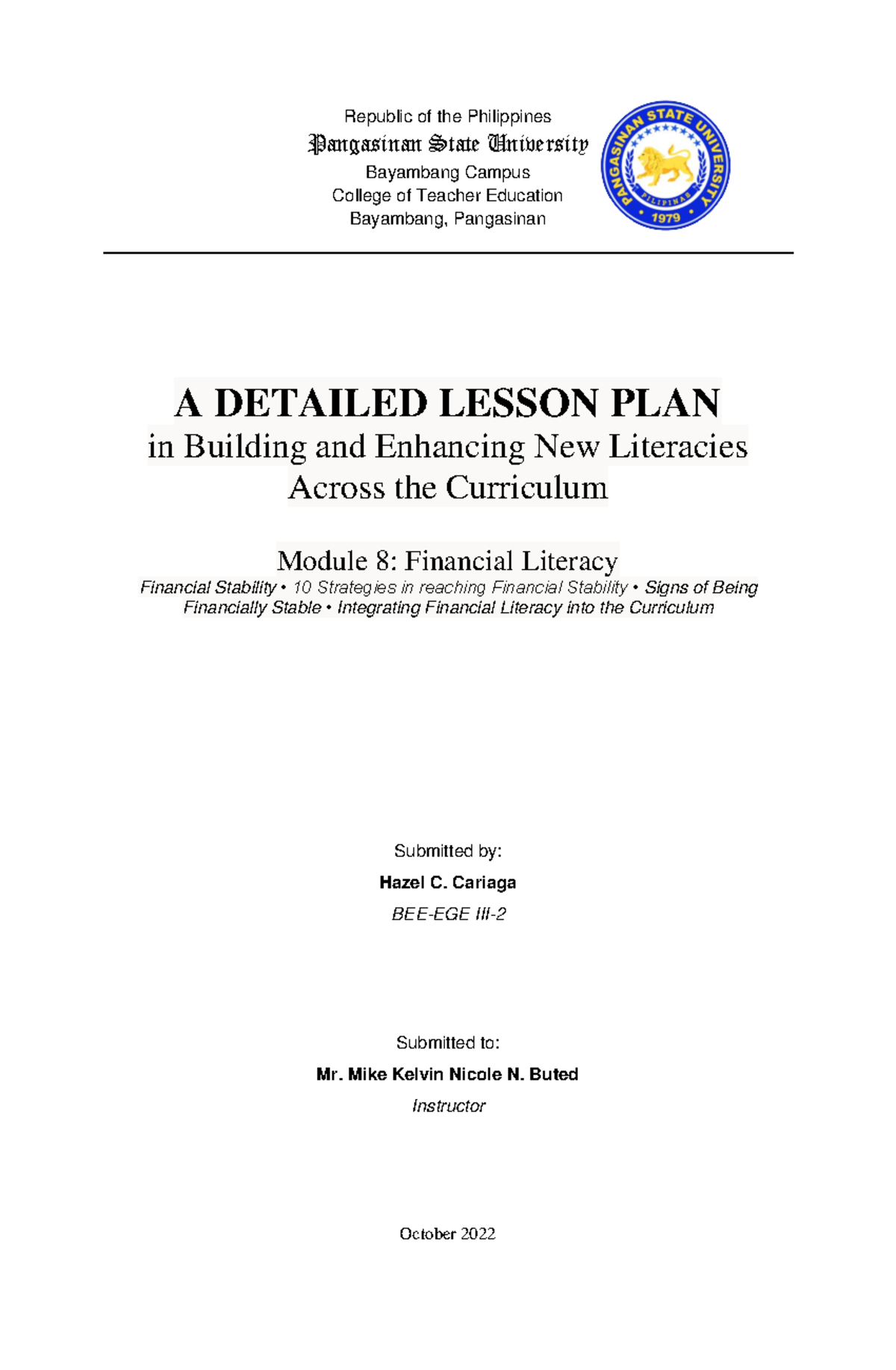 Detailed Lesson Plan: Financial Literacy Module 8 - Prof. Ed. 110 - Studocu