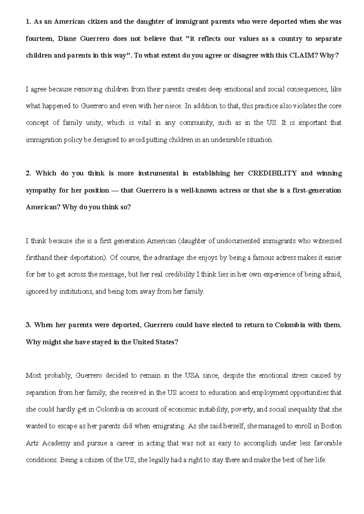 ENG 101: Essay on Diane Guerrero's Immigration Experience - Studocu