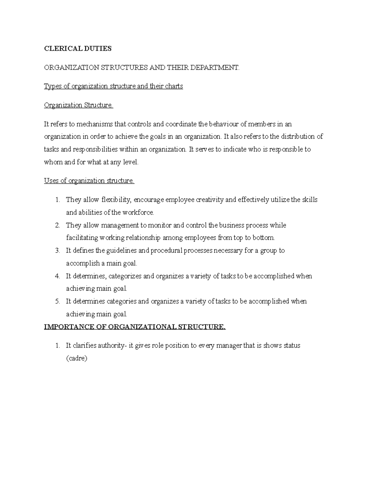 Clerical Duties - USEFUL - CLERICAL DUTIES ORGANIZATION STRUCTURES AND ...