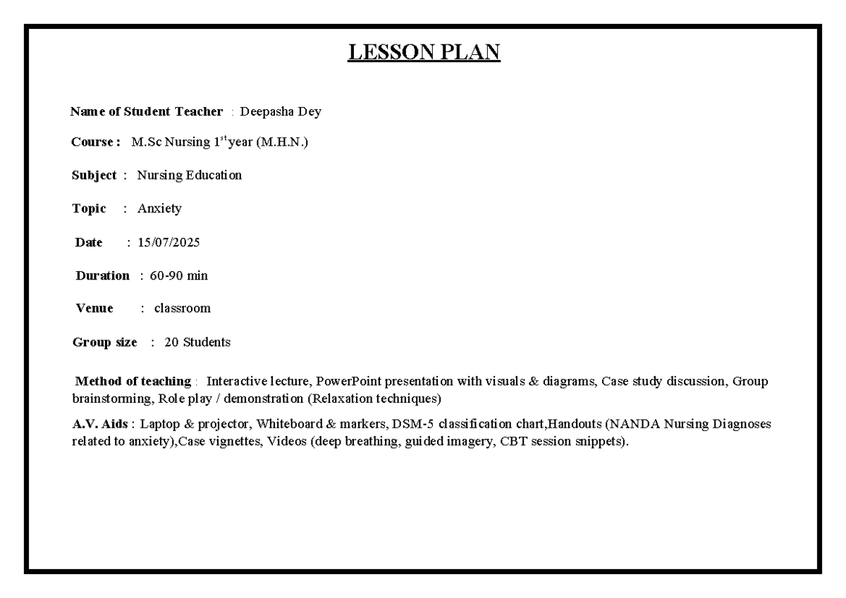 M.H.N. Lesson Plan: Understanding Anxiety in Nursing Education - Studocu