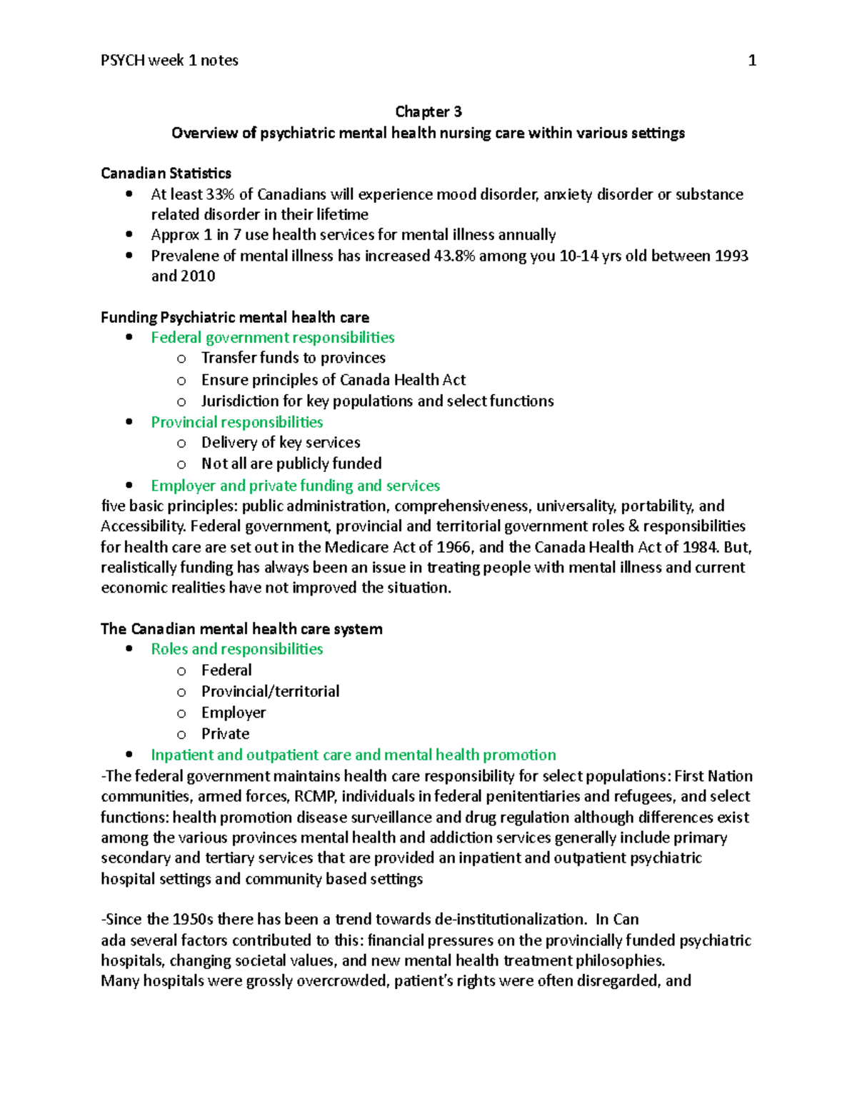 Week 1 Notes: Overview of Psychiatric Mental Health Care - Studocu