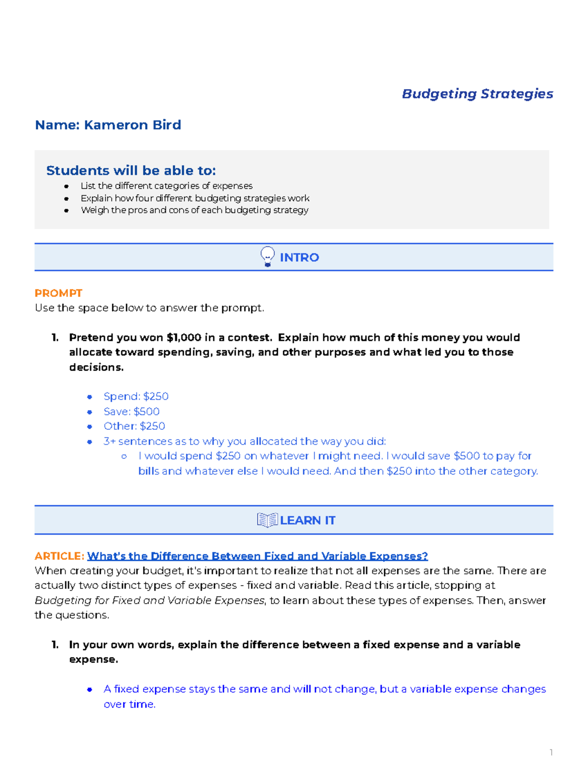 Budgeting Strategies - Kameron Bird Lesson 2 Overview - Studocu