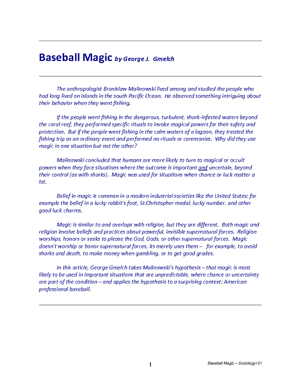 Gmelch-Baseball Magic - Baseball Magic – Sociology Baseball Magic by ...